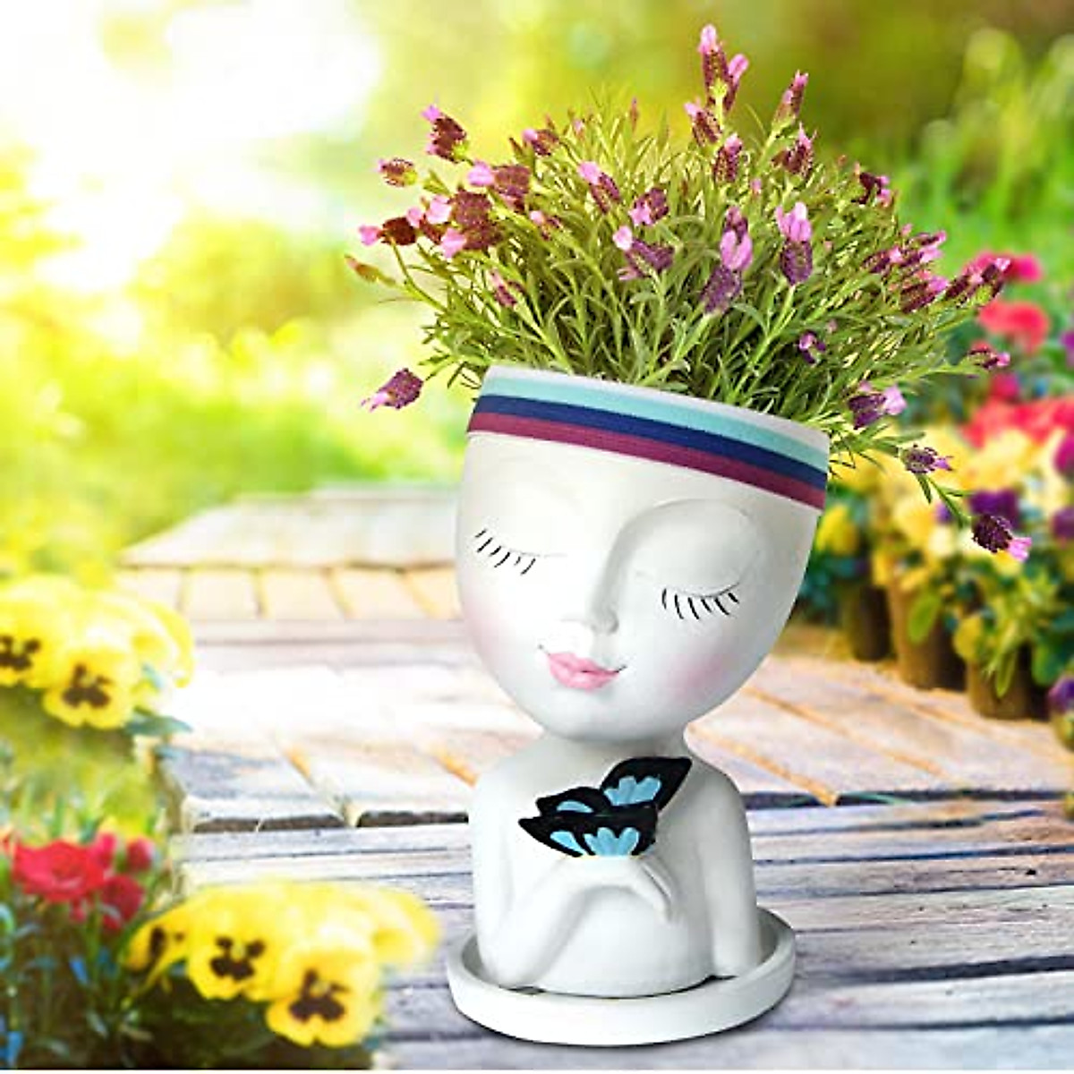 WEWEOW Face Planter/Flower Pot for Indoor Outdoor Plants Resin Succulent Planter with Drainage Hole Cute Lady Face Plant Pots