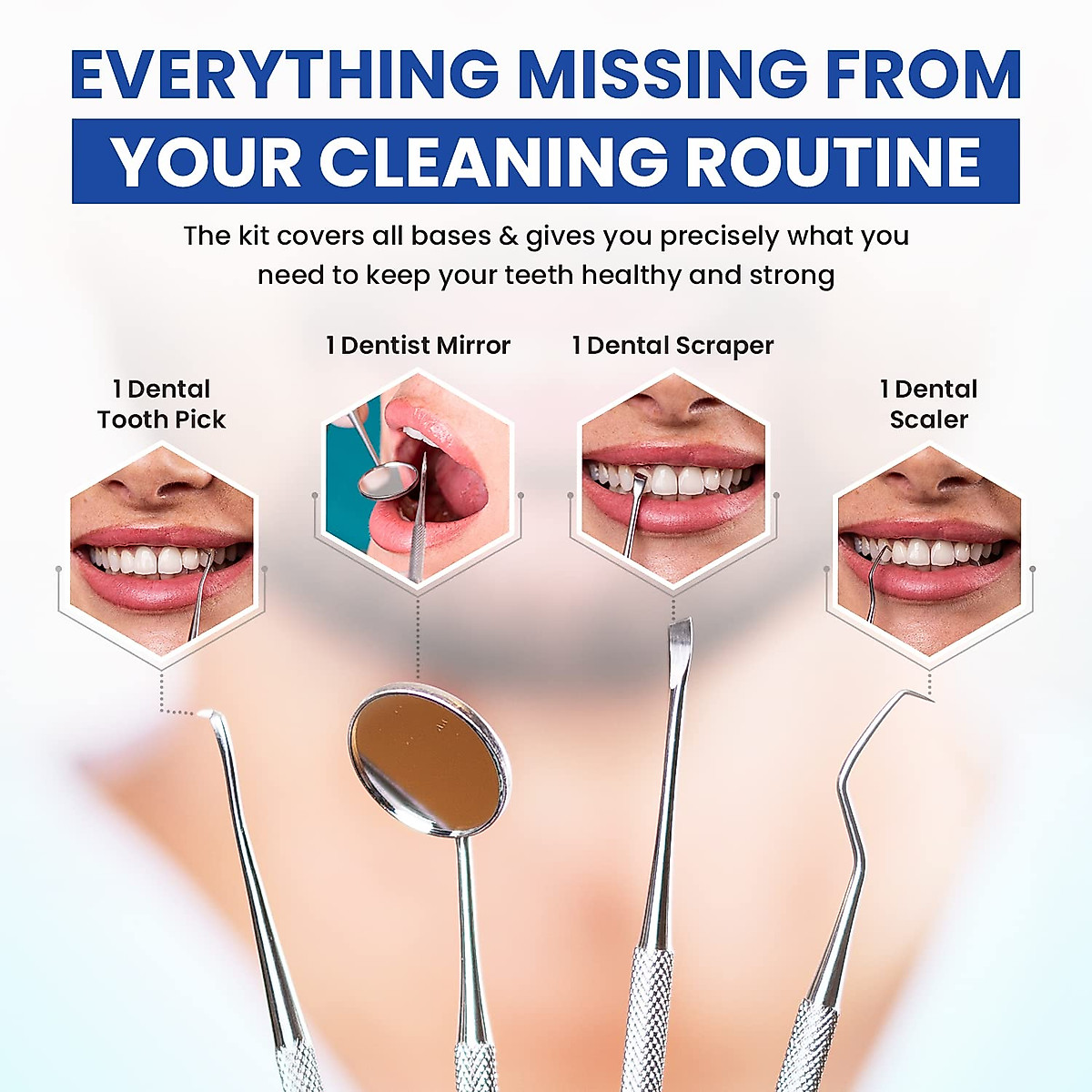 Dental Hygiene Kit - Calculus & Plaque Remover Dental Tool Set - Stainless Steel Tarter Scraper, Tooth Pick, and Mouth Mirror - Dentist Instrument Set for Teeth Cleaning (Blue)