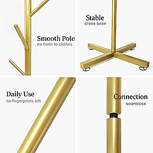Jolitac Modern Metal Coat Rack in Gold Free Standing 7 Hooks Hall Tree in Corner, Hat Hanger & Coat Racks Stand Entryway Organizer for Clothes, Bags, Umbrella (Golden)