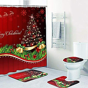 Uspring 4 Pcs Merry Christmas Shower Curtain Sets with Non-Slip Rugs, Bath Mat, Toilet Lid Cover and 12 Hooks, Xmas Tree Ball Snowflake Red Shower Curtain for Christmas Decoration