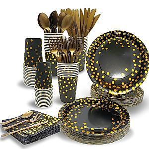New Years Eve Party Supplies 2025 Christmas Decorations Party Plates Napkins Set Black and Gold Party Supplies 350 Pcs Disposable Paper Plates Napkins Gold Fork Knives Spoon, Serves 50
