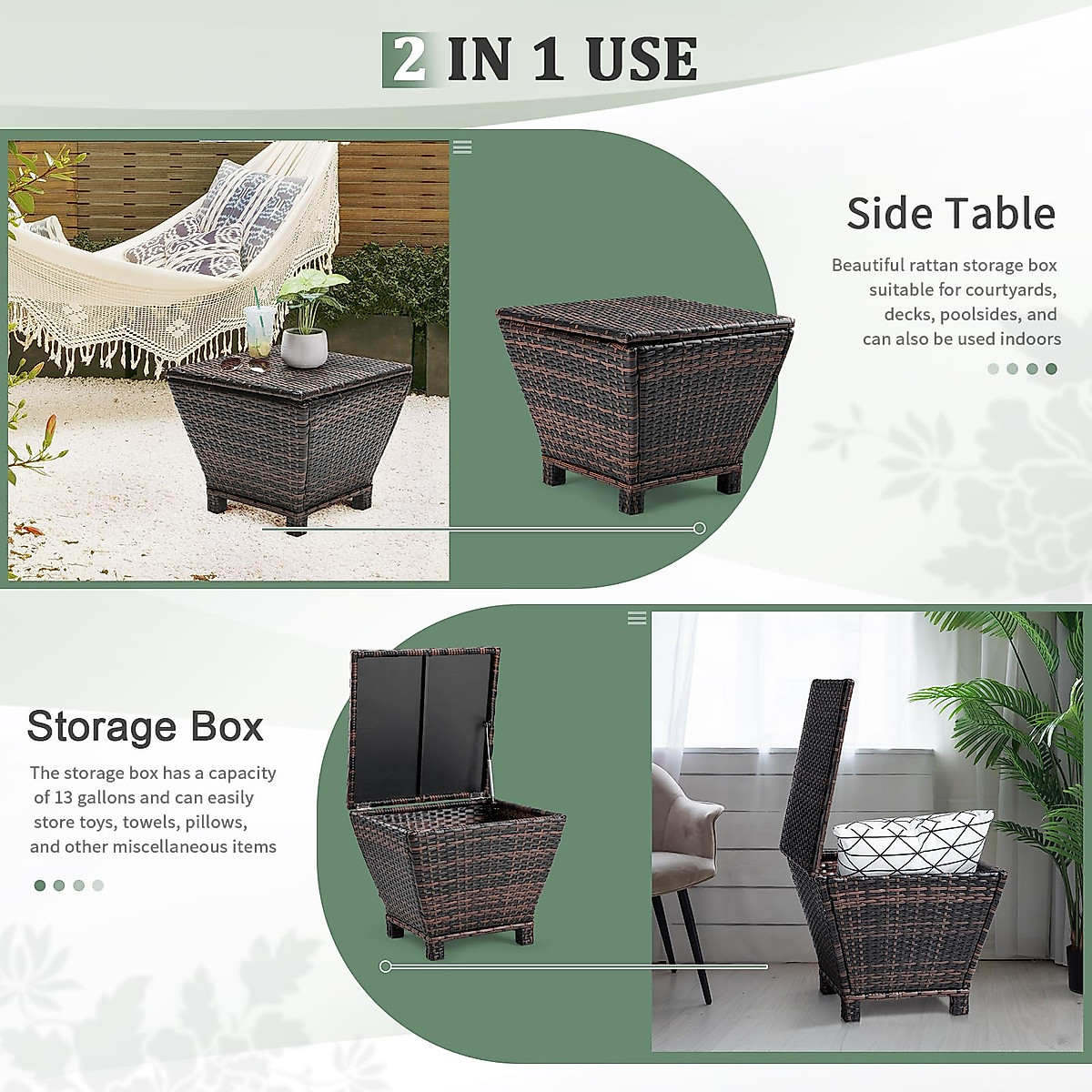 Outdoor Small Deck Box with Lid, Outdoor Wicker Side Table with Storage, Wicker Storage Box Patio Rattan End Table Small Resin Square Container Coffee Table Outdoor Side Table Patio Storage Box