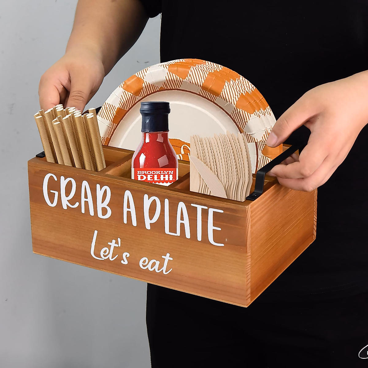 MEMOORIAL Paper Plate Dispenser, Kitchen Countertop Paper Plate Holder, Wood Rustic Silverware Utensil Caddy, Disposable Dish and Cup Holder Utensil Caddy for Kitchen, Party, BBQ