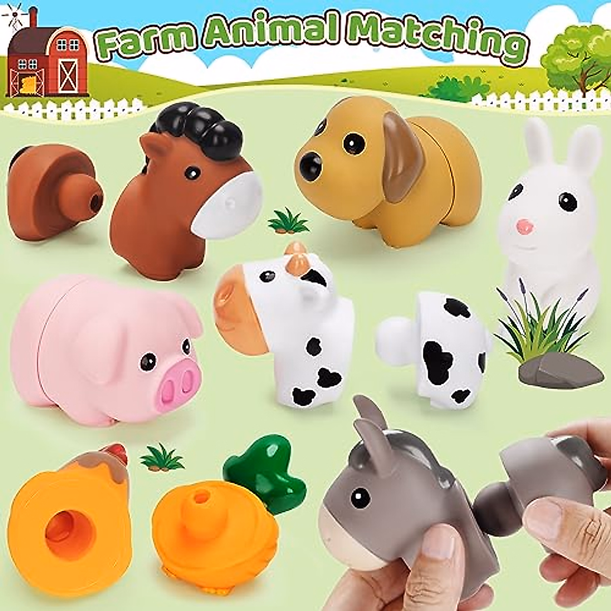 Farm Animal Learning Toys for Toddlers Age 1, 2, 3 Year Old, 10 Pack Montessori Matching Fine Motor Toys, Birthday for Baby Boys & Girls 12-18 Months+