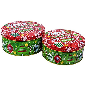 Round Nesting Tins With Holiday Print Designs Bundle of 2 Round Metal Tins with Lids for Cookies, Candy, Food Presents - 1- 6 and 3/4 Inches and 1- 6 inches Diameter