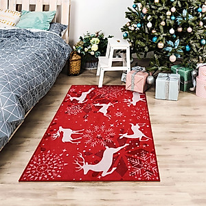 Asrug Christmas Red Rug-2x3 Reindeer Washable Area Rug Entryway Throw Rugs Indoor Doormat Diamond Floor Cover Snowflake Accent Low Pile Small Carpet for Bedroom Living Room Entry Decor