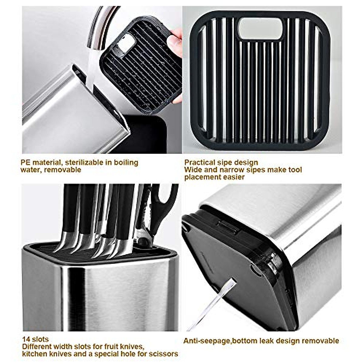 Stainless Steel Universal Knife Block Holder with Slots for Scissors or Sharpening Rod, Space Saver Knife Storage, Detachable for Easy Cleaning, Square Knife Holder For Safe