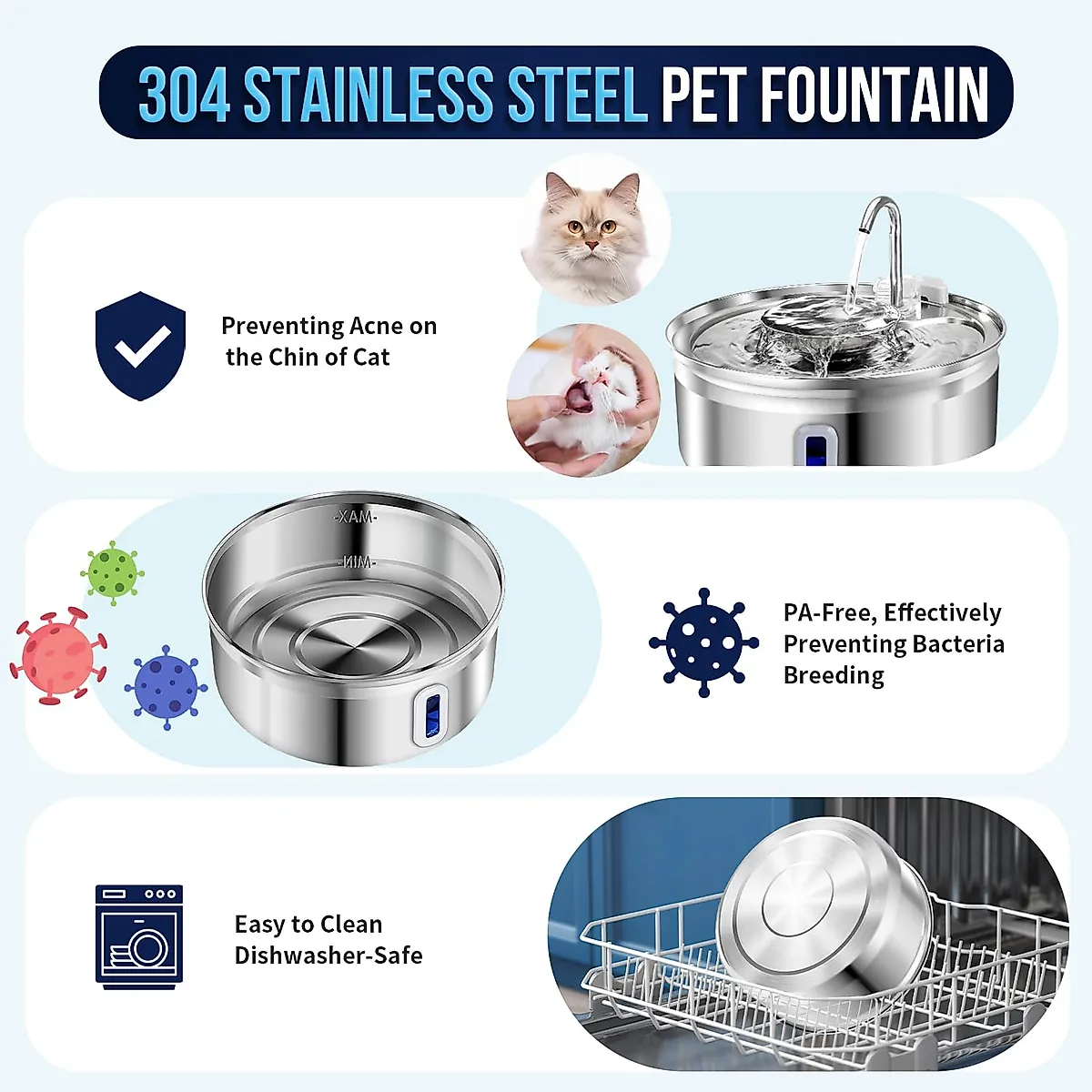 SlowTon Cat Water Fountain Stainless Steel - 3.2L/108oz Large Quite Pet Fountain, Automatic Cat Fountain Dog Water Dispenser with Water Level Window and Replacement Filters, Suitable for Cats, Dogs