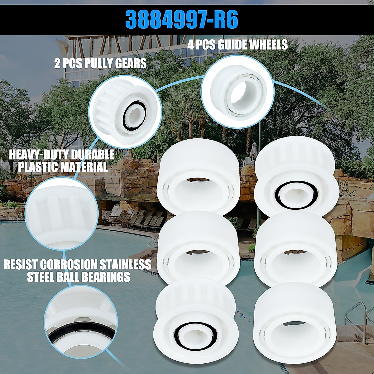 Wztepeng 4 Pcs Guide Wheels with 2 Pully Gears Pool Cleaner Replaces 3884997-R6 Compatible with Dolphin M400 M500 Deluxe 4 Deluxe 5 Pool Cleaner Accessories