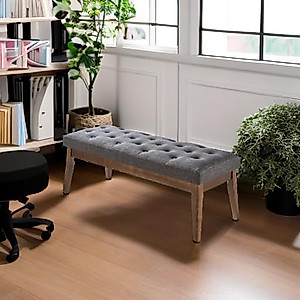 24KF Linen Upholstered Buttons Tufted Entryway Bench with Solid Wood Leg,Bed Bench Ottoman with Padded Seat,5034-Dark Gray