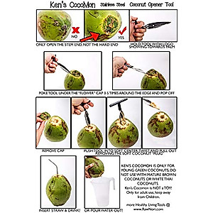 Ken's CocoMon Coconut Opener Tool + Stainless Straw for Fresh GREEN Young Fruit Black Rubber Handle EZ Easy Grip SAFE with Stainless Steel Drinking Straws (1 CocoMon + 1 Straw)