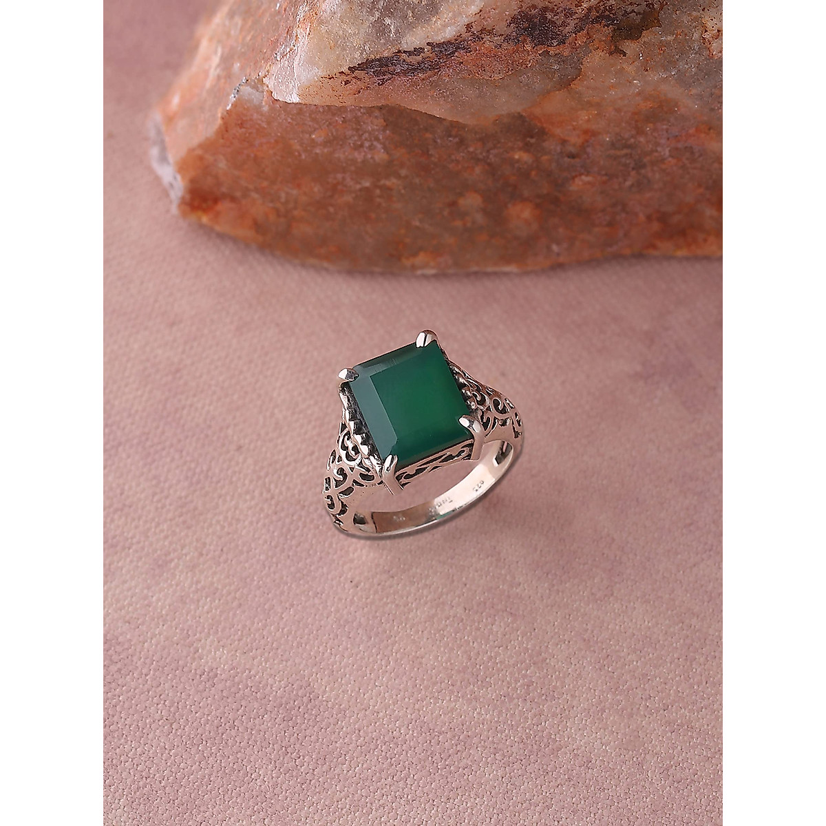 YoTreasure Green Onyx Solid 925 Sterling Silver Filigree Ring Jewelry