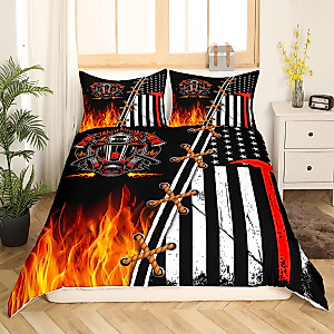 Teens Fireman Duvet Cover Set,Kids Retro American Flag Bedding Set King Size,Red and Black Comforter Cover for Boys Bedroom Decor,Flame Quilt Cover with 2 Pillow Cases(No Comforter)