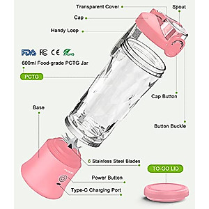 MoKo Portable Blender, 270 Watt Personal Blender for Shakes and Smoothies,21OZ Personal Blender USB Rechargeable with 6 Blades, BRA Free, Smoothie Blender for Kitchen Sports Travel and Outdoors, Pink