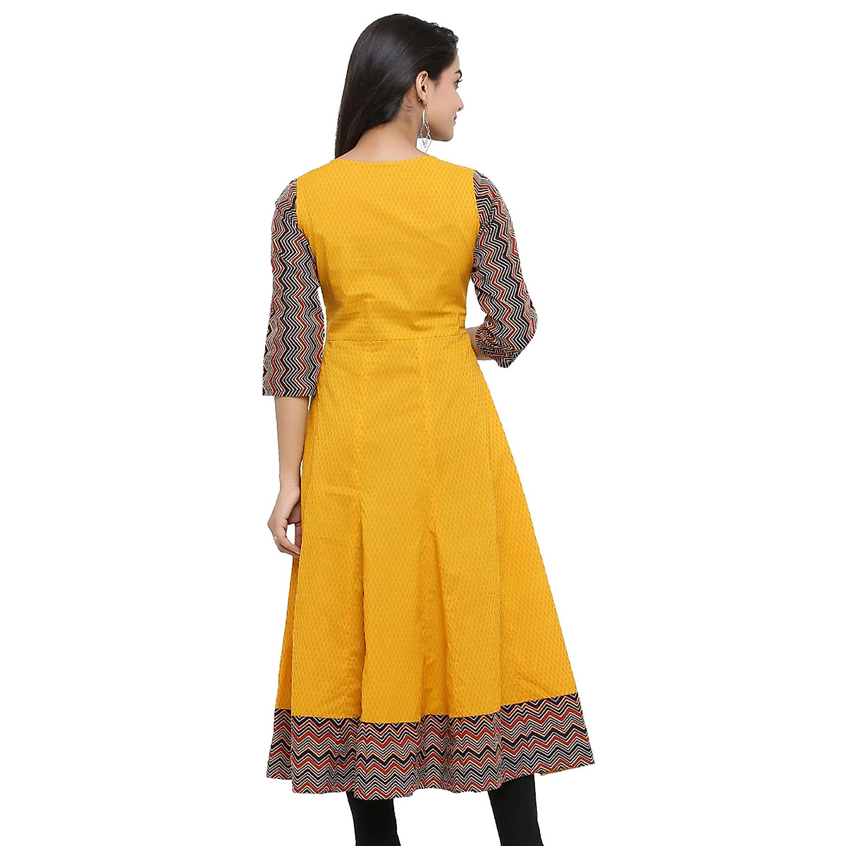Yash Gallery Indian Cotton Geometric Print Anarkali Kurtis for Women (Mustard Yellow)