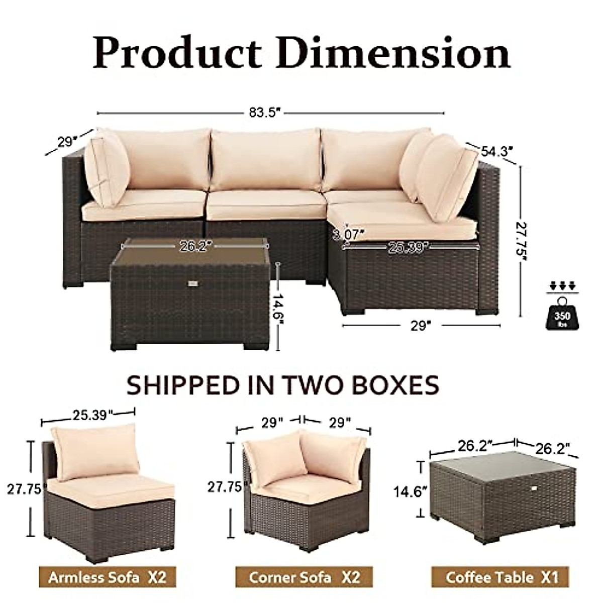 NATURAL EXPRESSIONS 5 Piece Wicker Patio Sectional Furniture Sets Outdoor Sofa Rattan Couch,All Weather Conversation Set with Tempered Glass Coffee Table and Cushions,Deck, Poolside,Backyard Porch