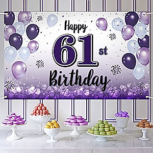 LASKYER Happy 61st Birthday Purple Large Banner - Cheers to 61 Years Old Birthday Home Wall Photoprop Backdrop,61st Birthday Party Decorations.