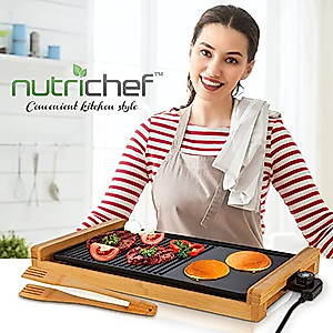 NutriChefKitchen Household Smokeless Indoor Grill, Nonstick Electric Grill, Detachable Bamboo, Tempaerature Control, Adjustable Temperature Knob, For Indoor BBQs with no smoke (Black)