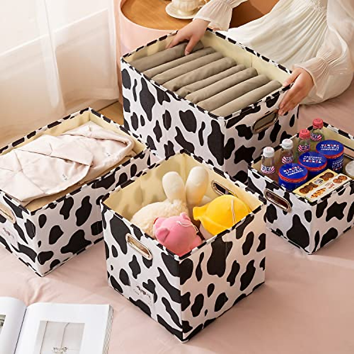 PRANDOM Collapsible Storage Baskets for Closet [3-pack] Decorative Linen Fabric Storage Bins Cubes with Metal Handles for Shelves Bedroom Living Room Cows (11.5x8.5x6.7 Inch)