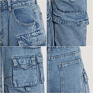 Vakkest Womens Jeans Cargo Pants Casual Wide Leg Flap Pocket Baggy Combat Military High Waist Denim Trouser Clubwear Y2K