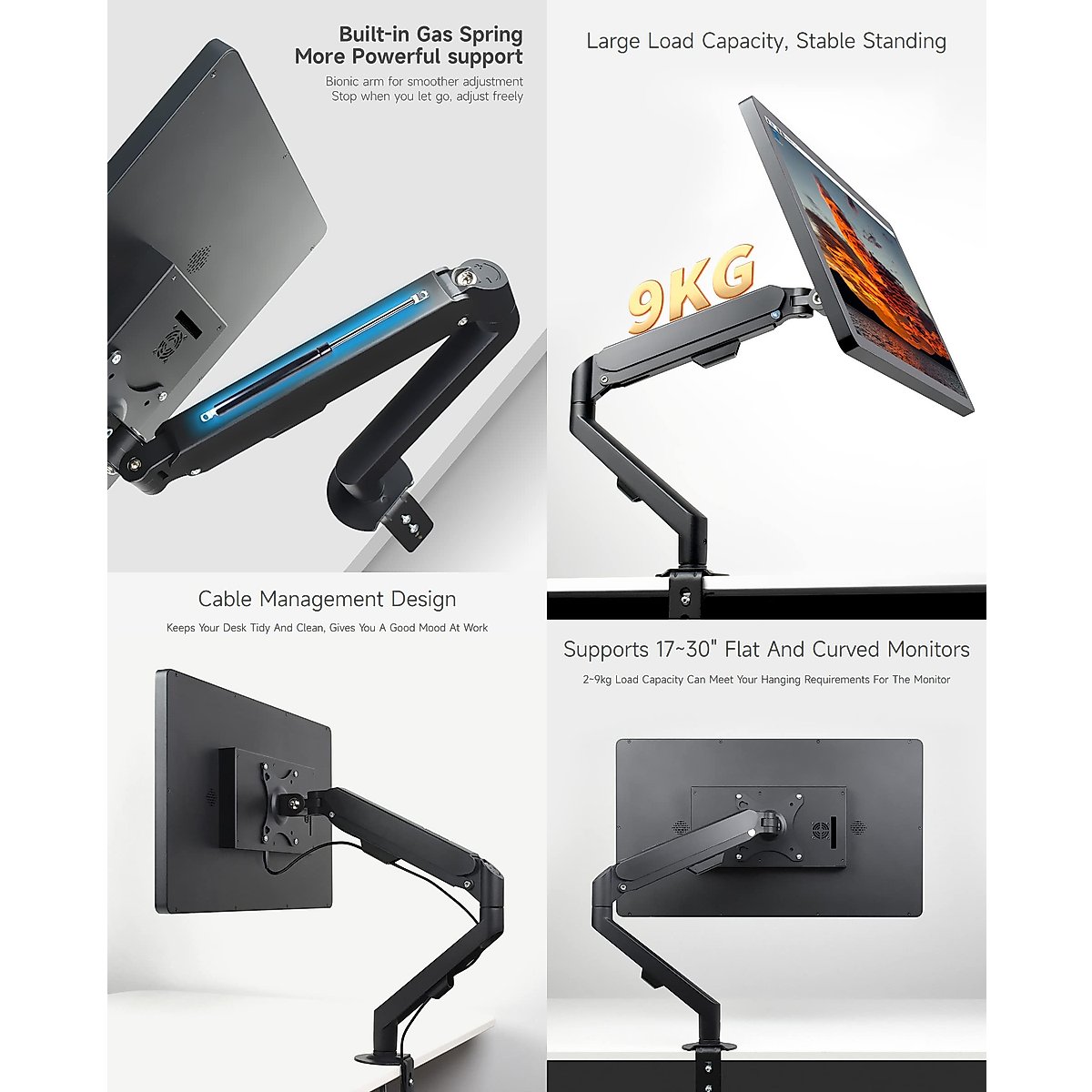 Waveshare Gas Spring Monitor Arm for 17~30 Inch Display Monitor, Height Adjustment, Supports Multi-Angle Rotation and Expansion