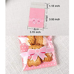 NUOMI 200Pcs Self Adhesive Cellophane Bags, Resealable Cookie Treat Bags for Gift Giving, 3.9"x3.1" Poly Bags Good for Bakery Candle Soap Candy, Pink&Green Polka Dots with Bow Decoration