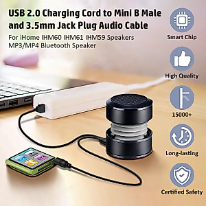 EAGLEGGO USB2.0 Charging Cord to Mini B Male and 3.5mm Jack Plug Audio Cable for iHome IHM60 IHM61 IHM59 Speakers MP3/MP4 Bluetooth Speaker (Mini USB)