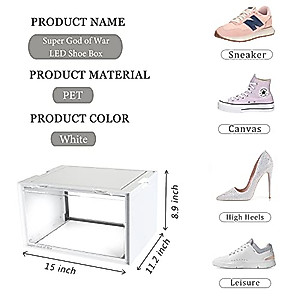 Super God of War Shoe Storage Box - 2 Pack LED Shoe Organizer for Closet - Large Plastic Stackable Shoe Boxes with Magnetic Door - Sneaker Storage Containers for Size 16 - Foldable Shoe Display Case