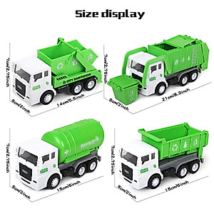 Garbage Truck Toys for Boys, 4 pcs 6" Friction Powered Trash Truck with Kids Playmat Car Rug, 8 pcs Roadblock Signpost, 4 Trash Bins with 108 pcs Trash Cards, Toy Gift for 3+ Years Old Kid