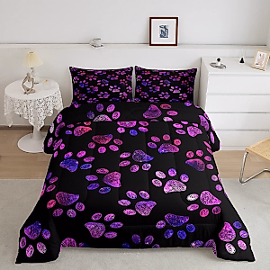 Manfei Dog Lover Comforter Set Queen Size Watercolor Dog Paw Print Duvet Insert Animal Theme Bedding Set 3pcs for Kids Boys Girls Room Decor Luxury Polyester Black Quilted Duvet with 2 Pillowcases