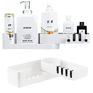 Hushnow 2 Pack Corner Shower Caddy Rotatable Wall-Mounted Shower Shelf, Shampoo Rack, Shelf with Hooks Shower Rack (white) Suitable for use in Kitchen Shower Storage and Bathroom