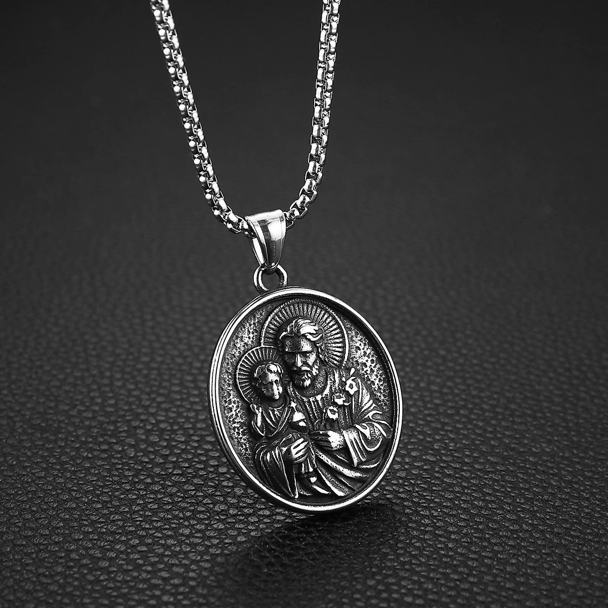 HZMAN Double Sided Stainless Steel St Joseph Necklace for Men Women Religious Saint Joseph Cross Christian Medal Amulet Pendant Jewelry Gift
