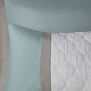510 DESIGN Luxe Quilted Comforter Set Modern Transitional Design, All Season Down Alternative Warm Bedding Matching Shams, Bedskirt, Decorative Pillow, Queen, Shawnee Scrollwork Seafoam