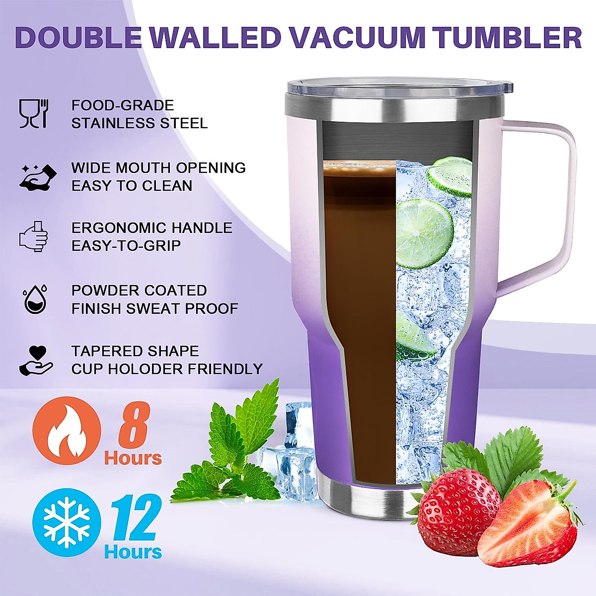 30 oz Tumbler with Handle, Stainless Steel Insulated Tumbler with Lid and Straw, Double Wall Vacuum Insulated Coffee Mug Tumbler, Insulated Coffee Thermal Cup for Cold and Hot (Light Dark Purple)
