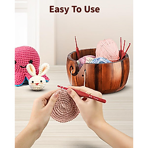 Large Yarn Bowl Holder, 8.7''Knitting Bowl with 9pcs Crochet Hooks, Wooden Yarn Holder Dispenser Yarn Storage Bowls for Crocheters Knitters Craft (Brown 8.7inch)