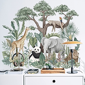 Tropical Green Plant Jungle Animal Wall Stickers, Removable Large Tree Vinyl Wallpaper Decal, DIY Art Murals for Kids Bedroom Nursery Home Decor (A)