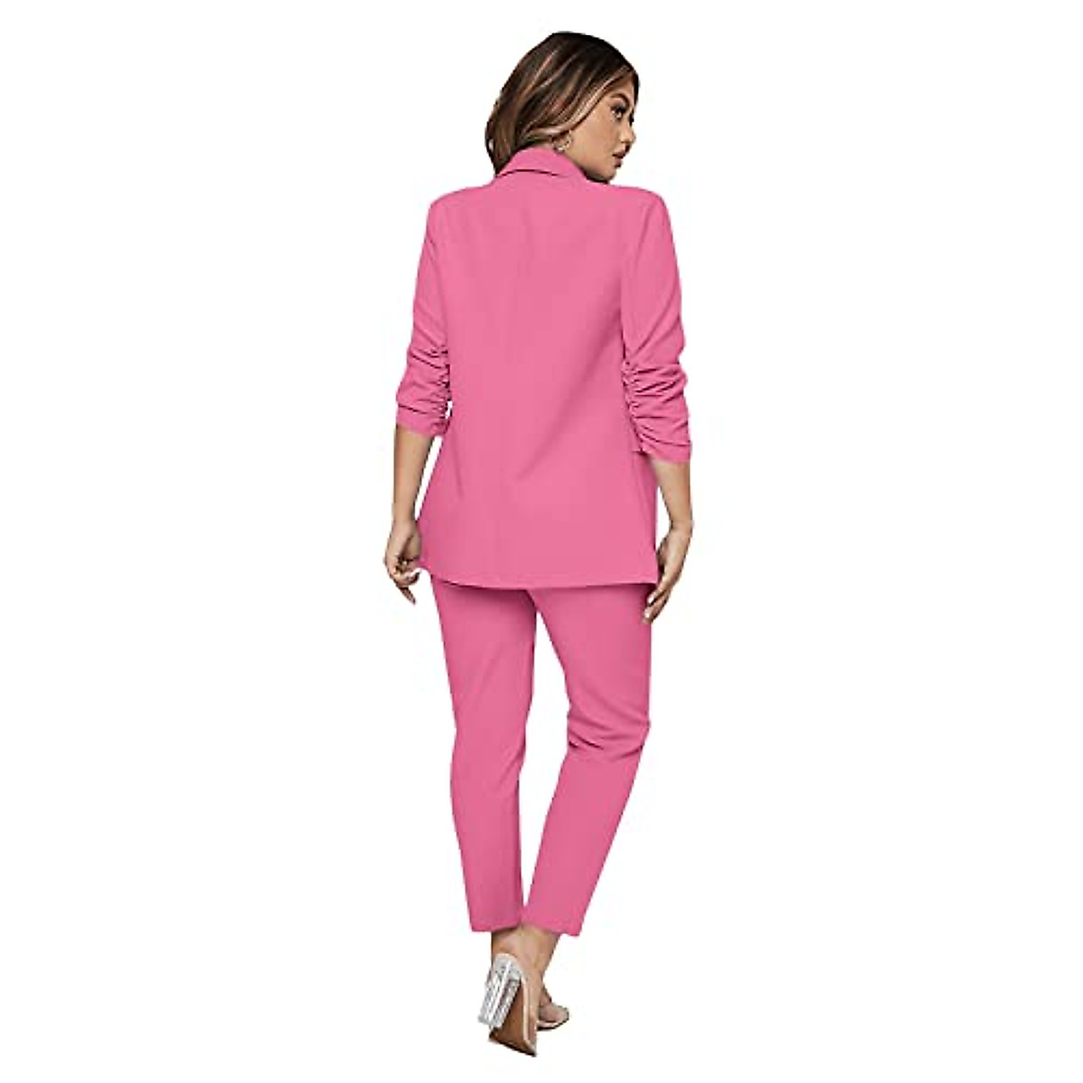 SweatyRocks Women's 2 Piece Solid Ruched Sleeve Blazer and Pants Business Office Suit Set Hot Pink L