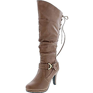 TOP Moda Womens Page-65 Knee High Round Toe Lace-Up Slouched High Heel Boots,Taupe,8.5