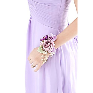 Ansofi Purple Corsage and Boutonniere Set, Prom Artificial Flower Wrist Corsage Bracelets, Homecoming Corsage Wristlet, Boutonniere for Men Wedding Flowers Accessories Prom Suit Decorations