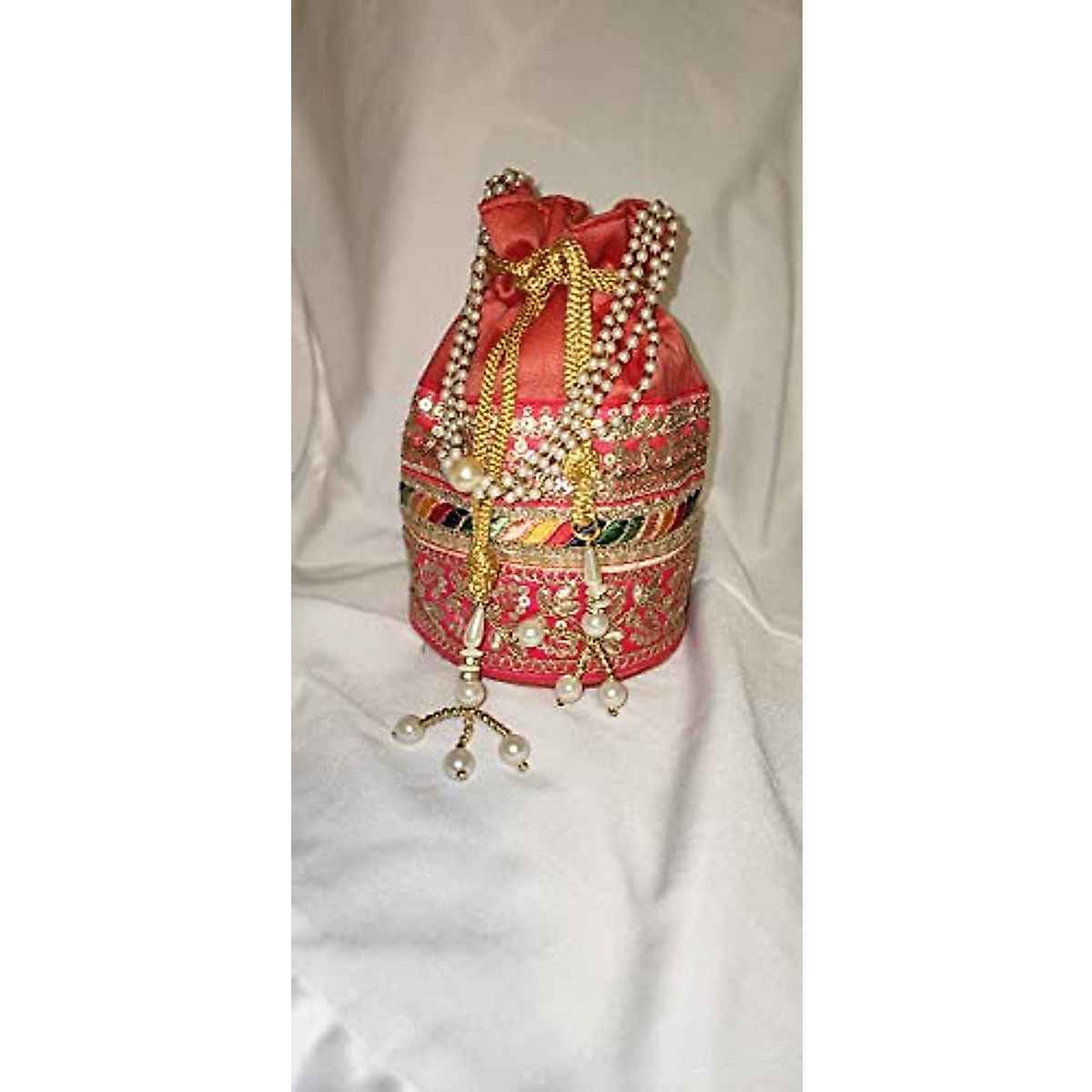Hand embroidered art silk Potli handbags for Women. For Evening outing, wedding, and party Bag Purse with Drawstring. (Pink)