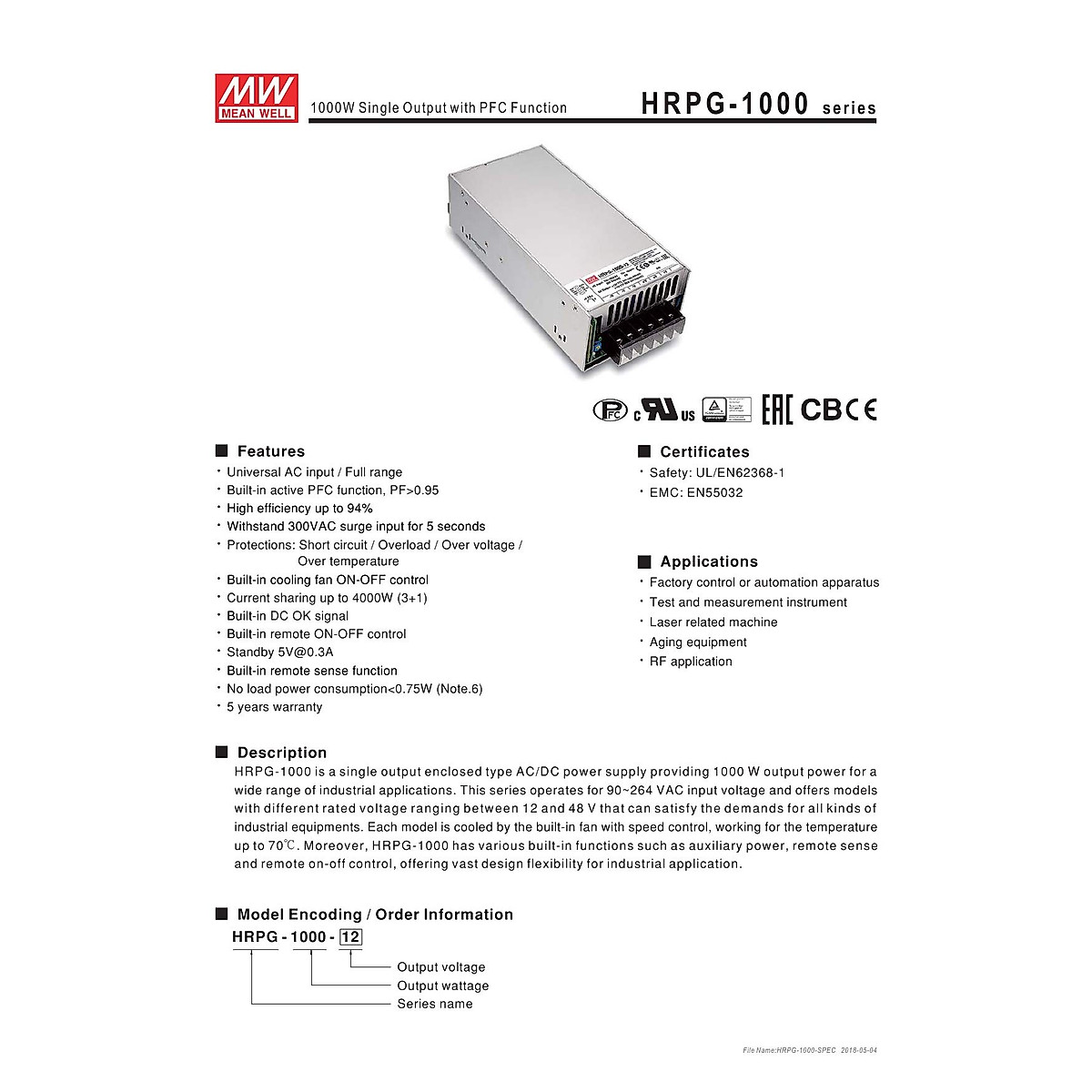 Mean Well HRPG-1000-12 HRPG-1000-15 HRPG-1000-24 HRPG-1000-48 1000W Single Output with PFC Function Power Supply (HRPG-1000-24)