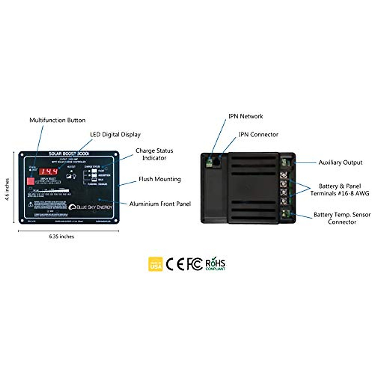 Blue Sky Energy SB3000i Solar Boost 30A MPPT Charge Controller with Display, Fully programmable for Lead-Acid or Lithium Batteries. Dual Battery Charge or 30A LVD Load Output