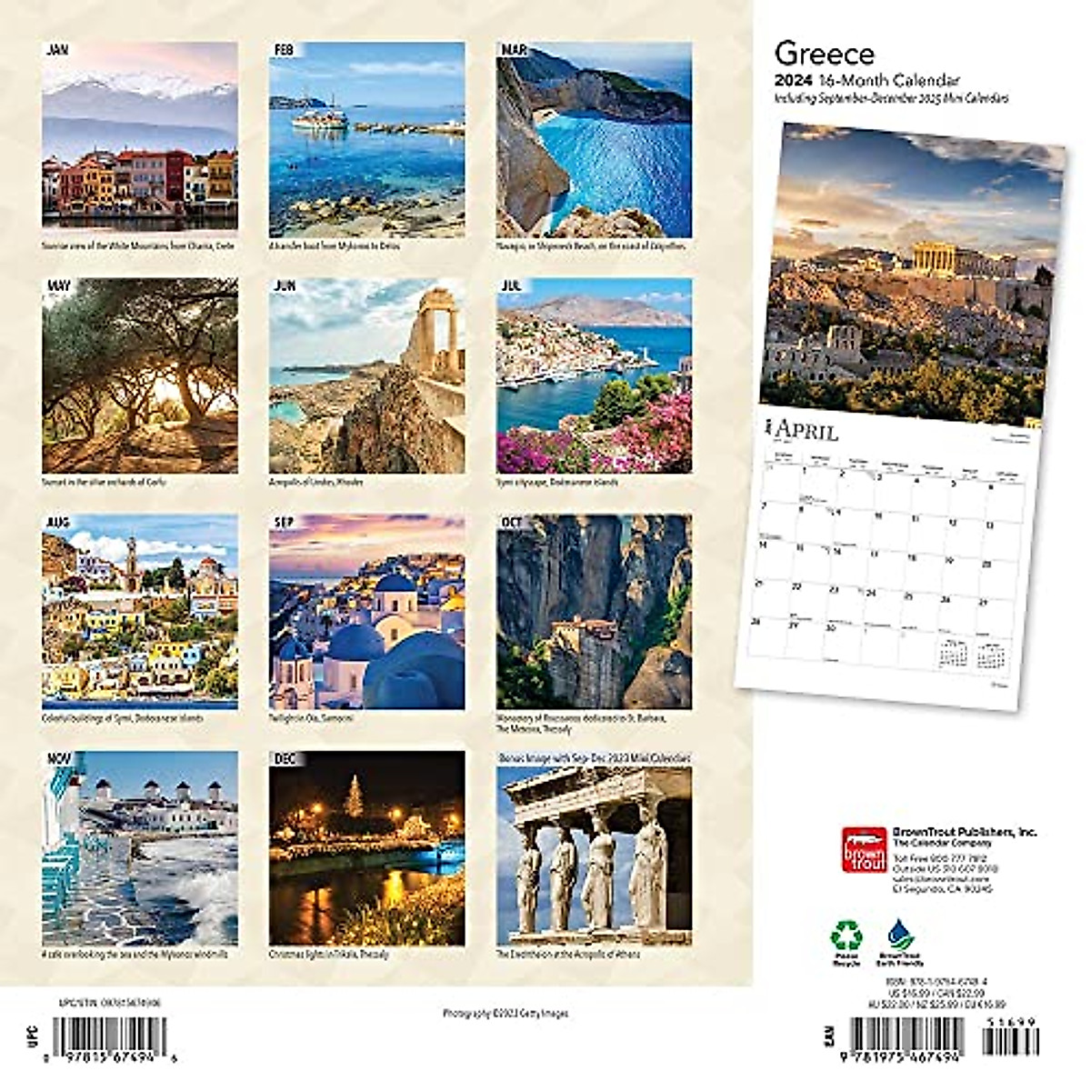 Greece | 2024 12 x 24 Inch Monthly Square Wall Calendar | BrownTrout | Travel Europe Balkans Athens Mykonos