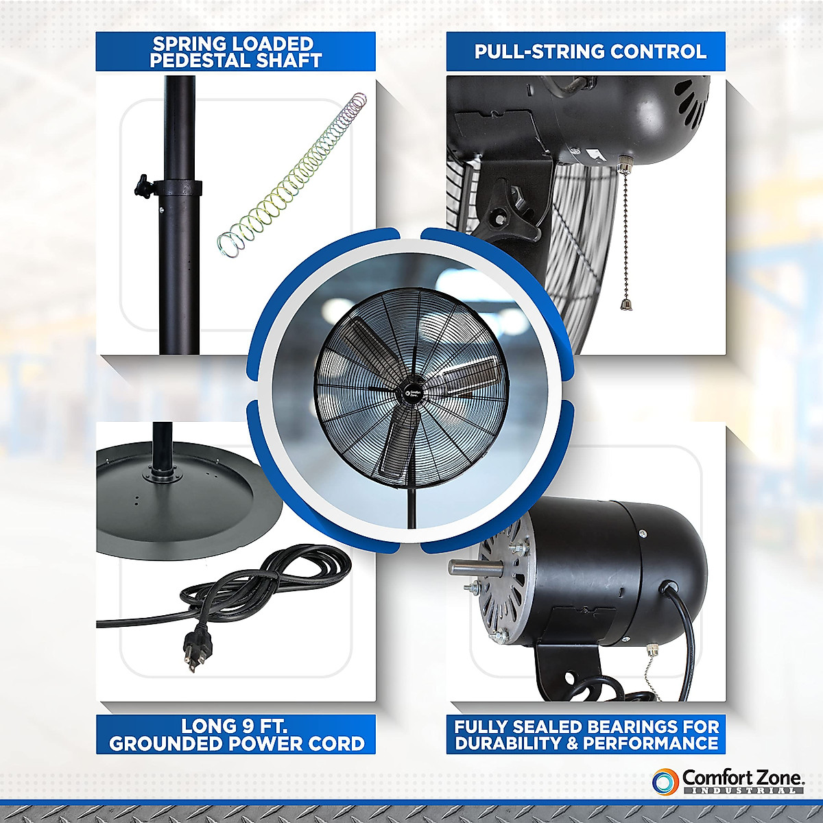 Comfort Zone CZHVP30 30” High-Velocity 3-Speed Industrial Pedestal Fan with Aluminum Blades and Adjustable Height, Black