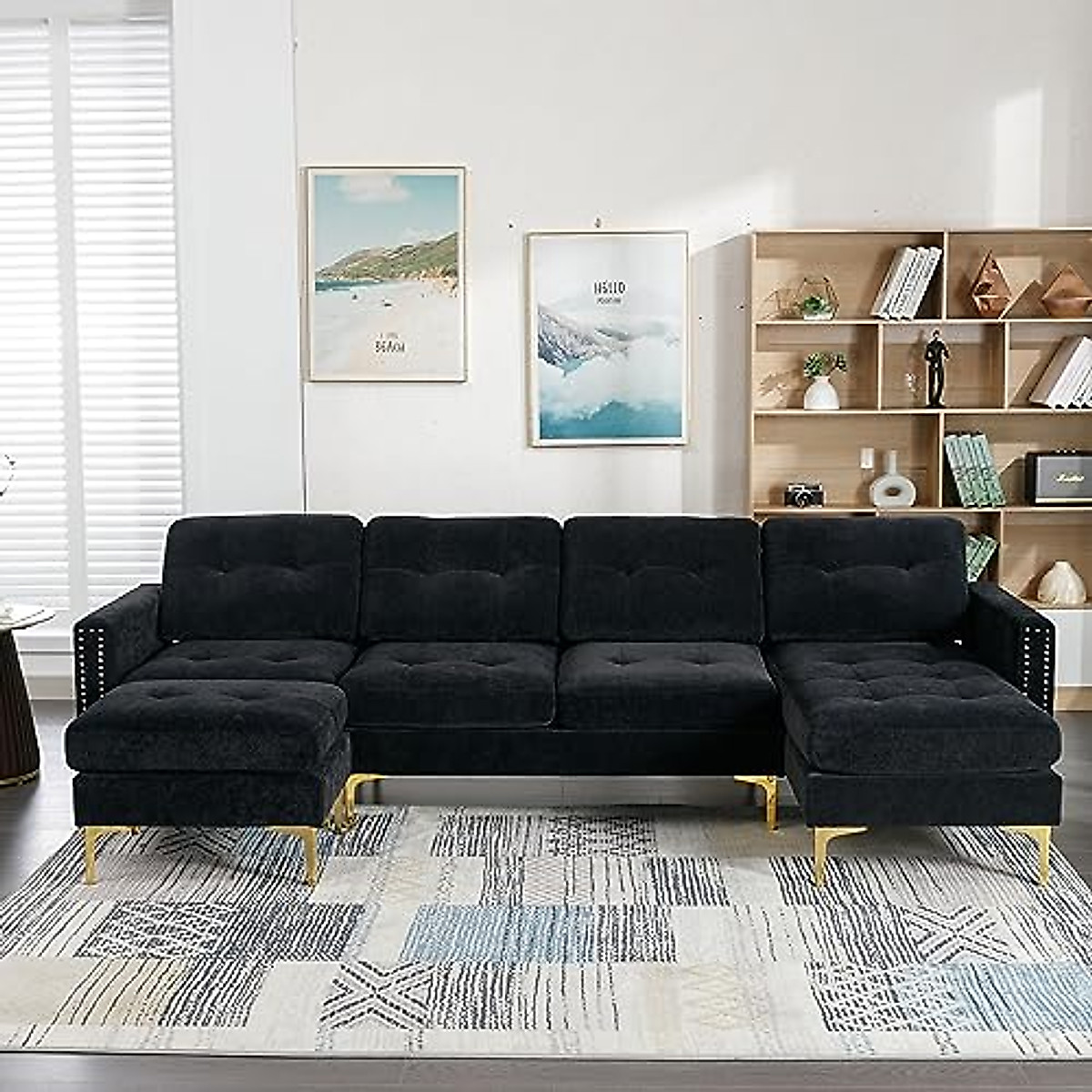 UBGO 110" Large Sofa,Living Room Furniture Sets,U/L-Shape Sectional Chaise Lounge and Convertible Ottoman,Velvet Couches for Apartment,Office (Black)