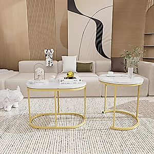 VILAWLENCE Nesting Coffee Table Set of 2 Modern Round White Marble Wood Table,Side Table Gold Metal Frame Oval