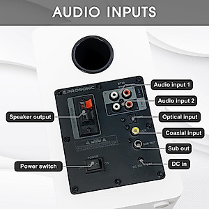 Prosonic BT30 Active Powered Bluetooth Bookshelf Speakers, Studio Monitor, Home Theater, Turntable, with Optical Input, Coaxial Input, 2X RCA Aux Line Input, 80 Watts, (White)