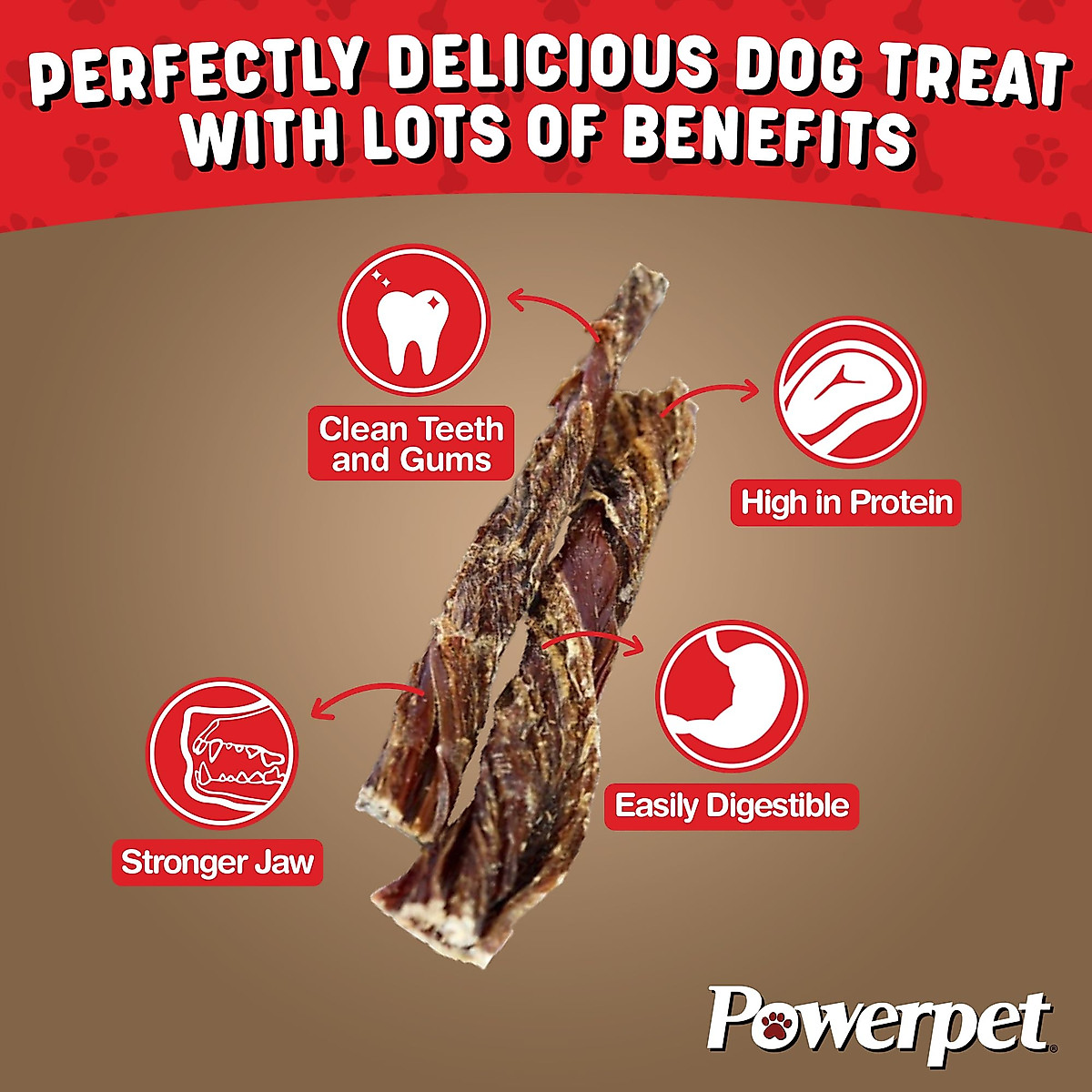 Powerpet Treats Beef Jerky Twists - 100% Natural Dog Chews - High Protein, Low Fat - Made from Premium Beef Esophagus - Promotes Dental Health - Long-Lasting Treats - Great for All Breeds - Pack of 12