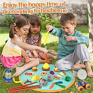 REZUCREY Kids Camping Toys Set, Pretend Play with Campfire, Pretend Cutting Food for Play Kitchen Camping Gear for Kitchen Indoor Outdoor Camping Toys for Kids Toddlers Boys Age 3 4 5 6 7 8+