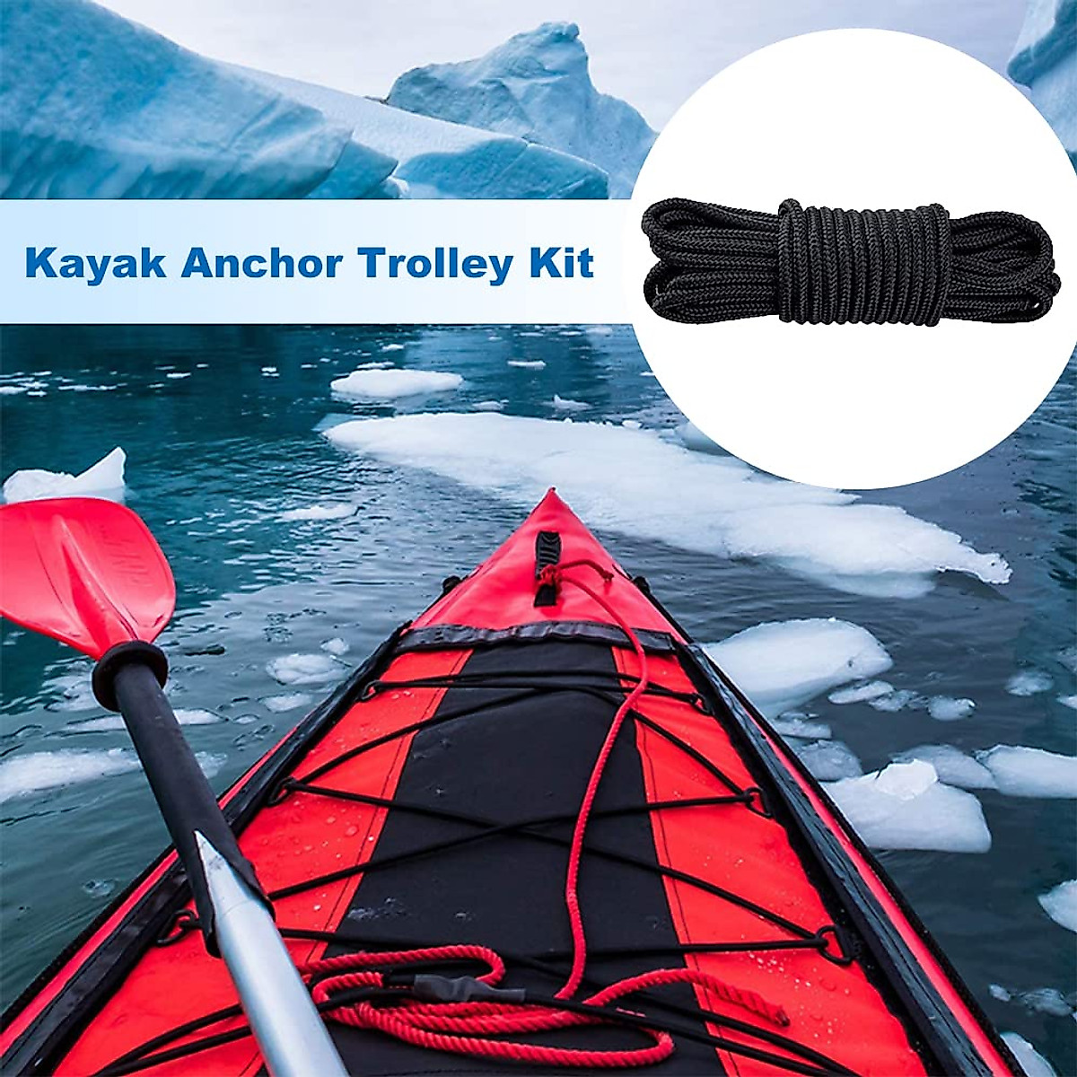 Yetaha Kayak Canoe Anchor Trolley Kit, 30Feet Nylon Rope Cleat Ring Pulleys Snap Hook Camel Back Screw Rivets Accessories for Kayak Canoes Boat